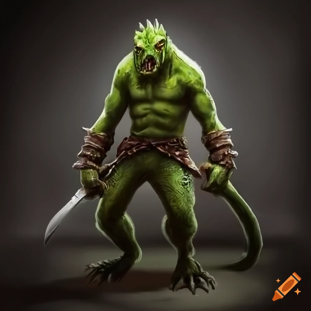 Lizard man creature in medieval style, powerful and mystical, front ...