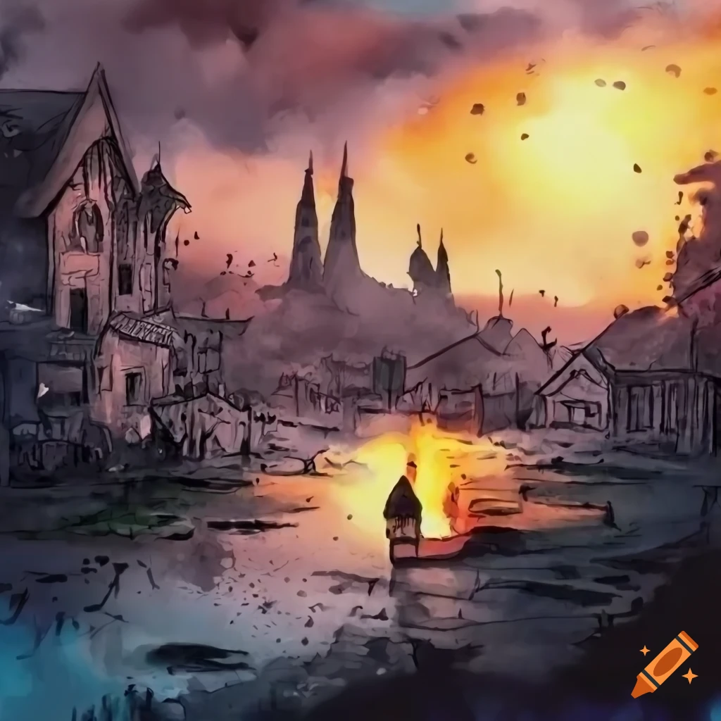 Anime-style post-apocalyptic village by rivers with villagers around ...