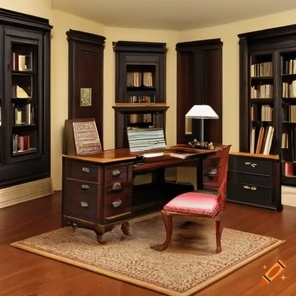 Spacious and elegant home study with a large wooden desk and black ...