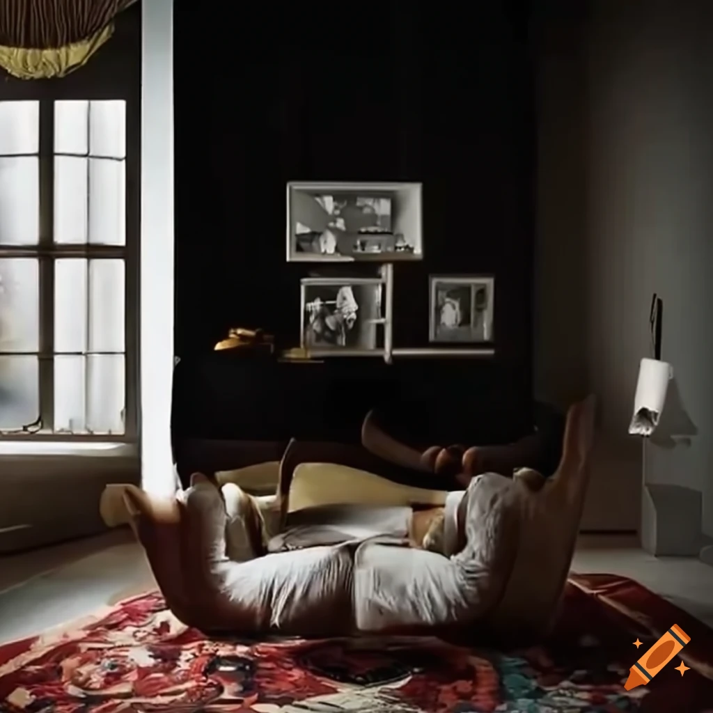 Surreal living room scene with flying household objects and surprised ...