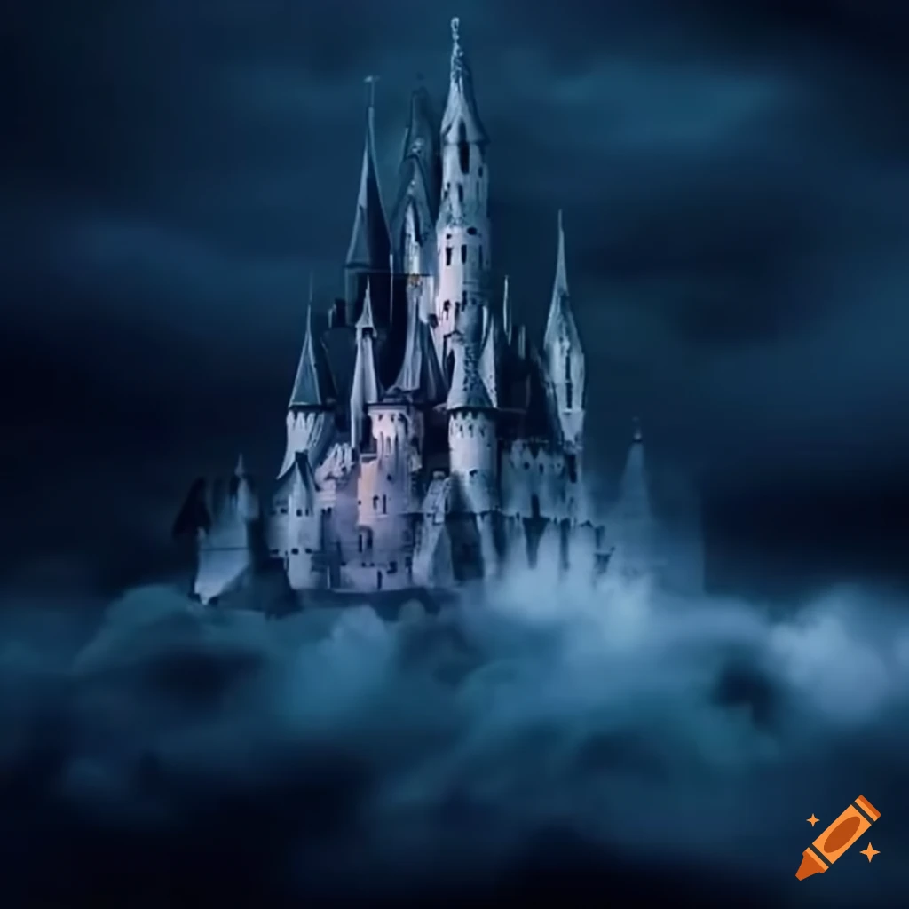Sinister castle amidst clouds under a moonlit night on Craiyon