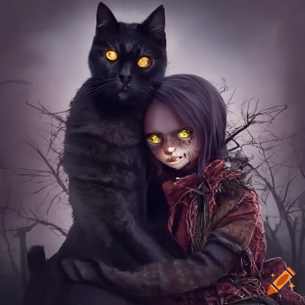 Undead being cuddling a black cat in a post-apocalyptic scene on Craiyon