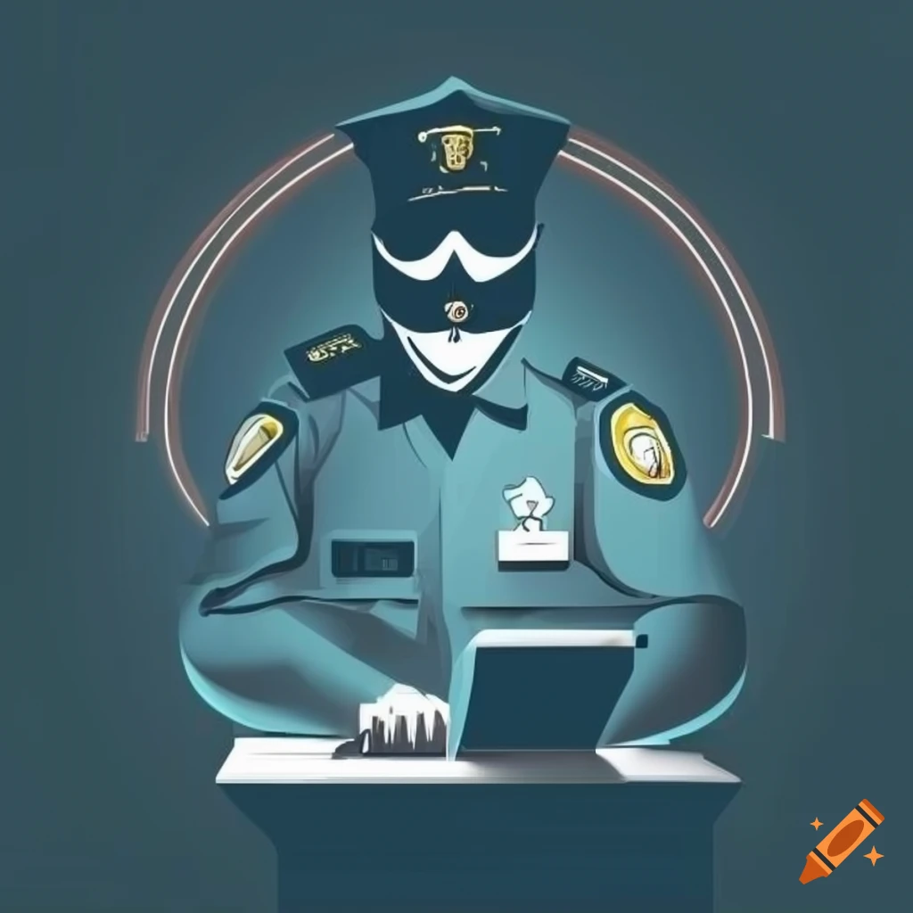 Cyber police officer logo fixing a computer in minimalist style on Craiyon