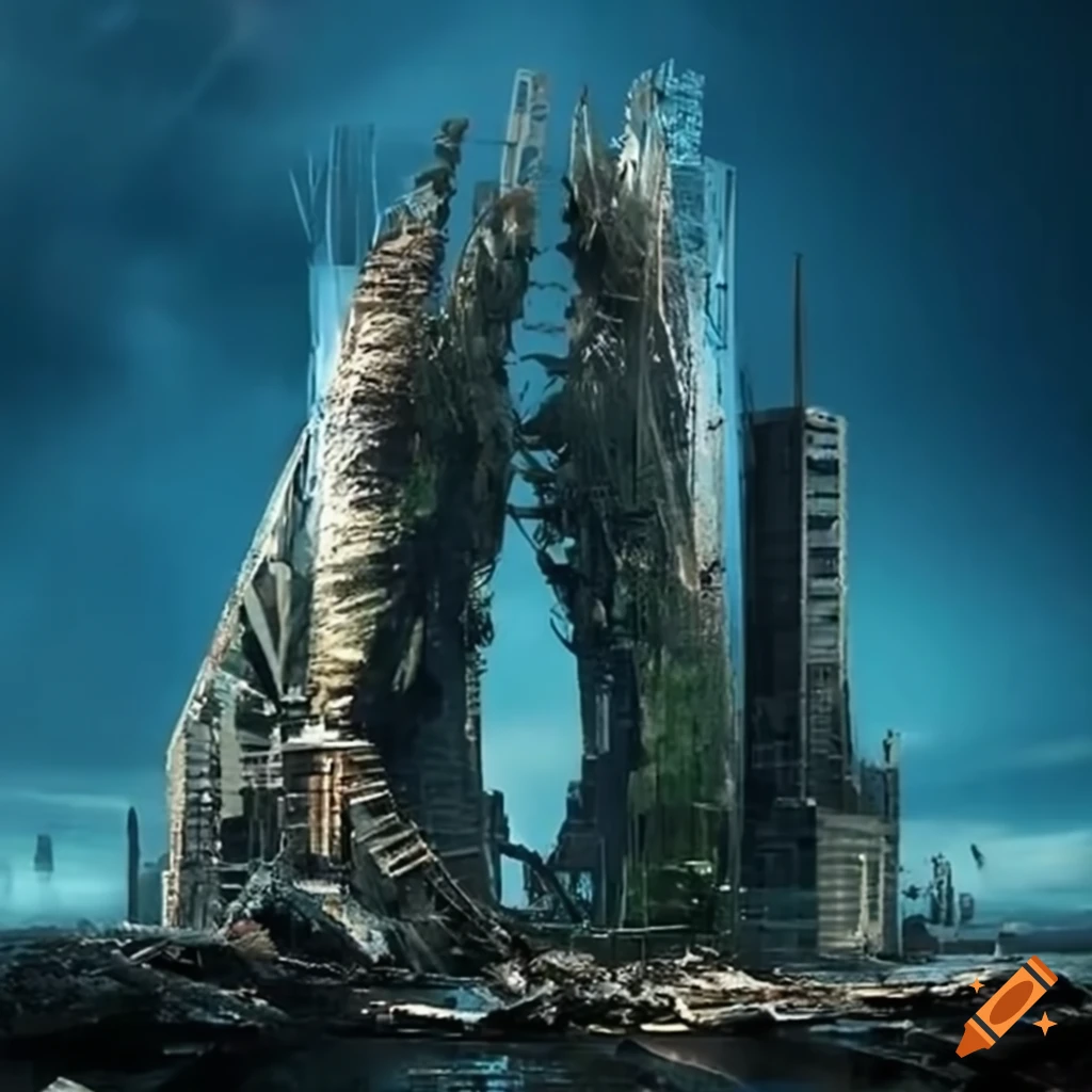 Post-apocalyptic skyscraper resembling a palm tree in Hawaii after ...