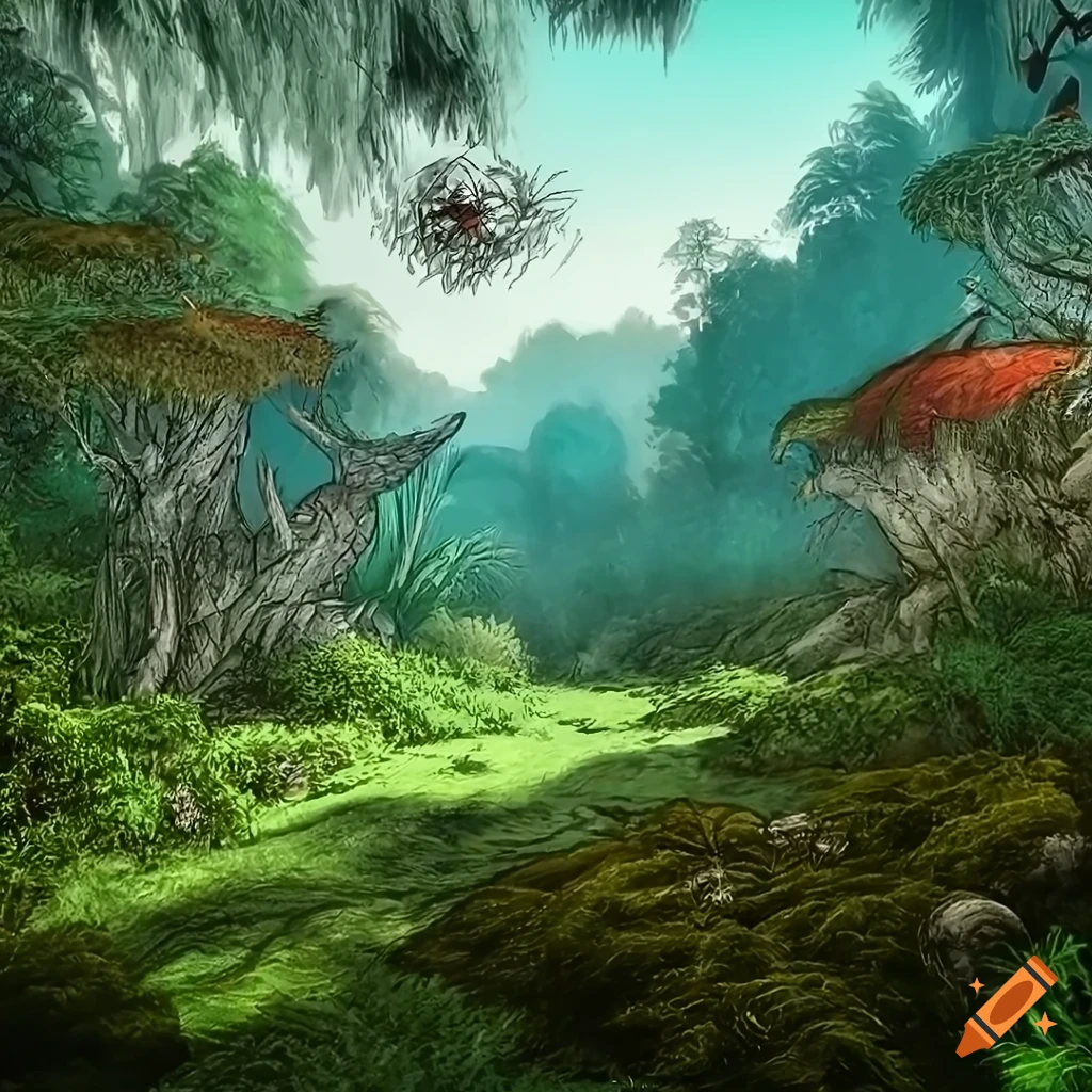 Panoramic view of the garden of eden with ancient inventions and ...