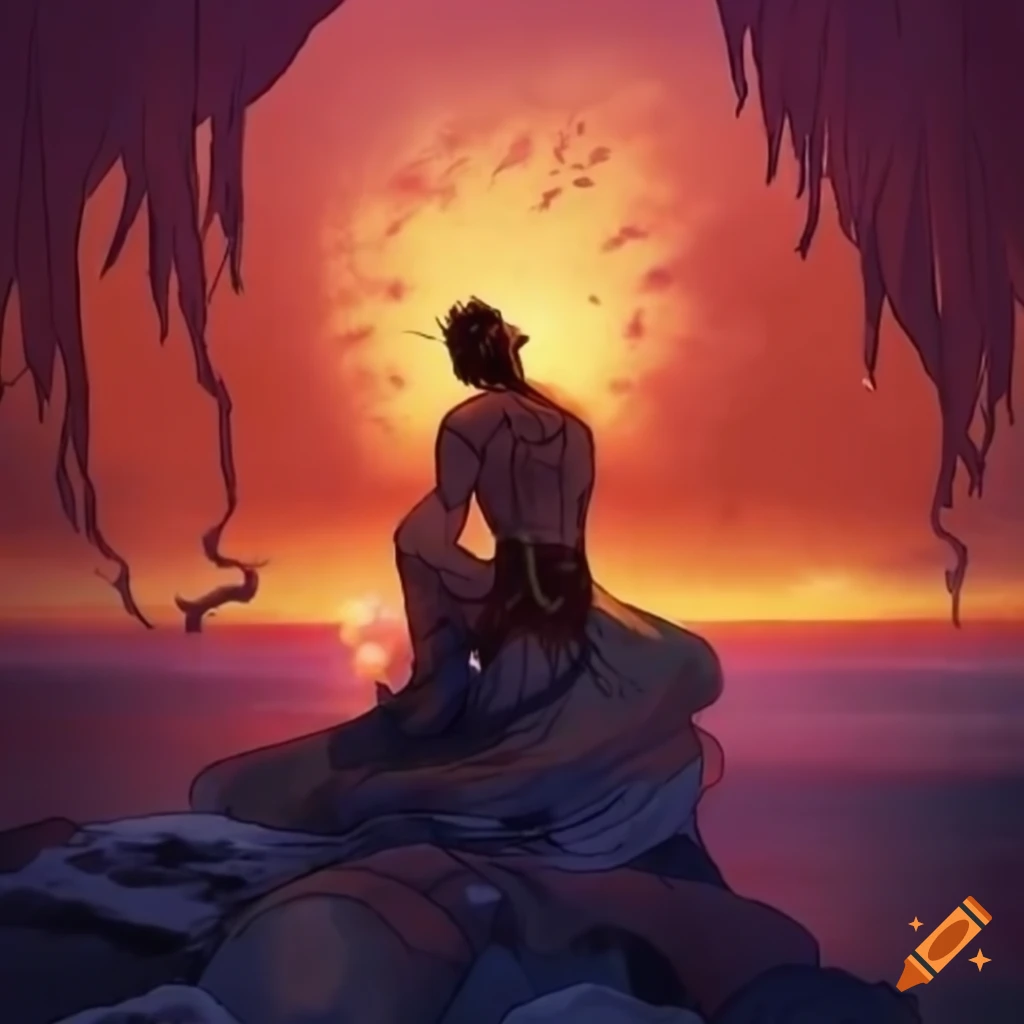 Odysseus among the stars with a fiery sunset in a Greek mythology scene ...