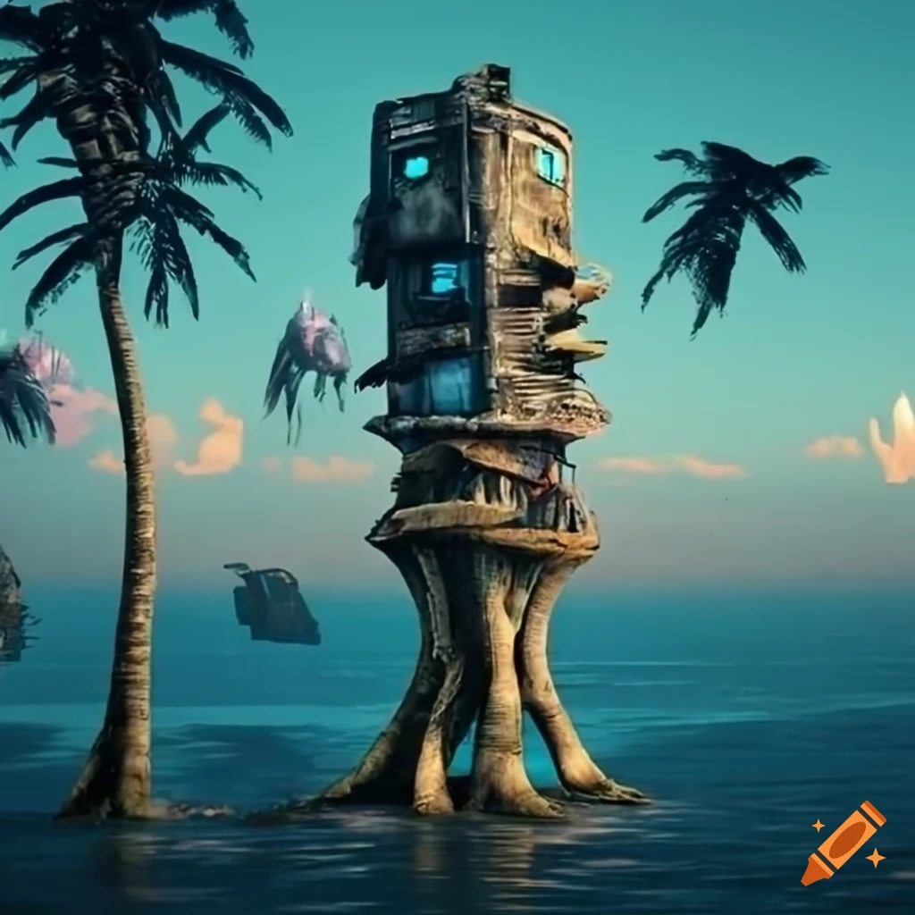 Post-apocalyptic tower shaped like a palm tree in a cyberpunk Hawaii on ...
