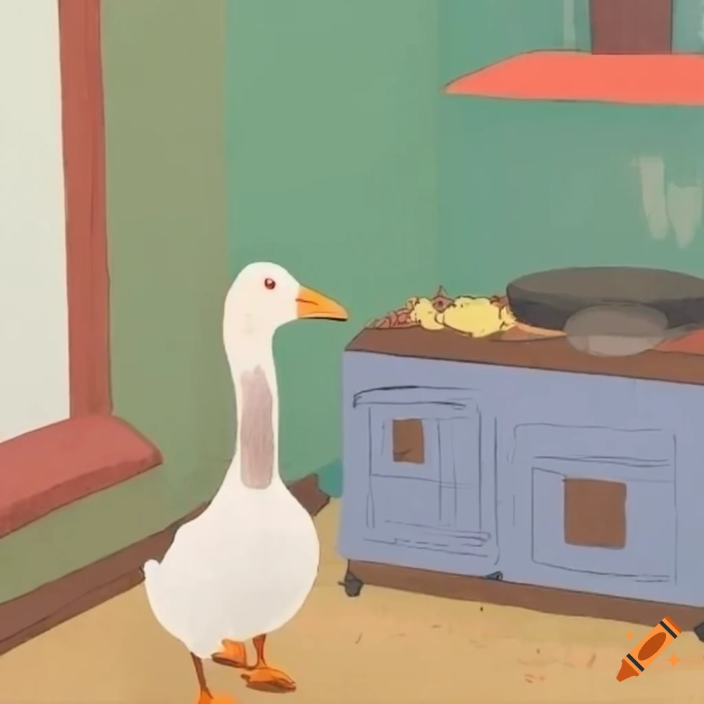 Mischievous goose in a kitchen setting next to a pot of soup on Craiyon