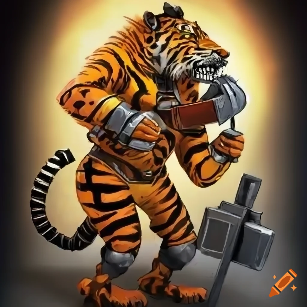 Mechanical anthropomorphic tiger with pipe wrench and toolbox on Craiyon
