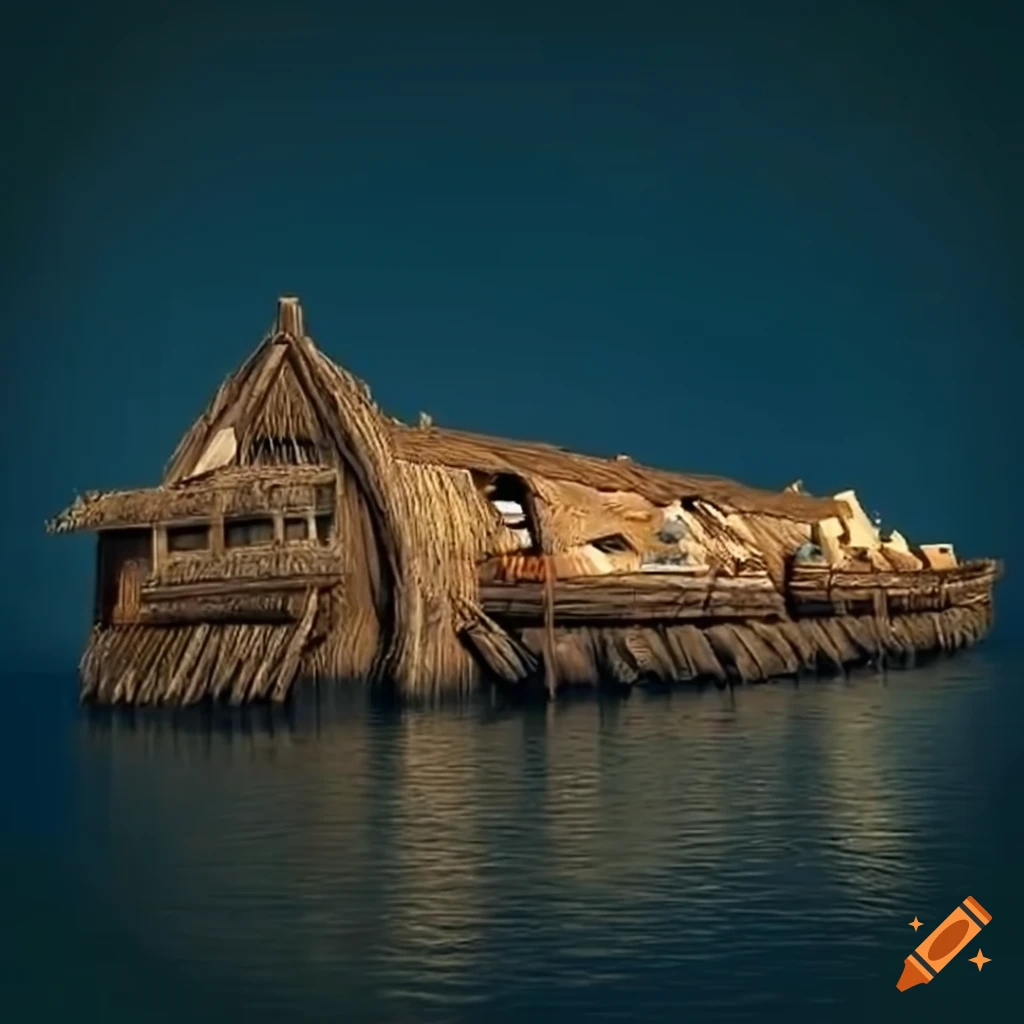 Primitive version of Noah's Ark - longhouse on log raft in stormy sea ...