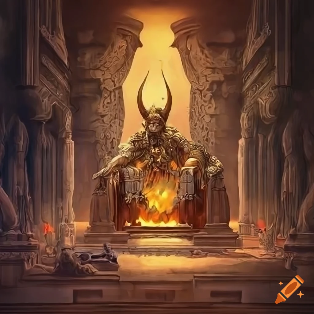 Statue of a wise mythical king by a grand fireplace in a stone temple ...