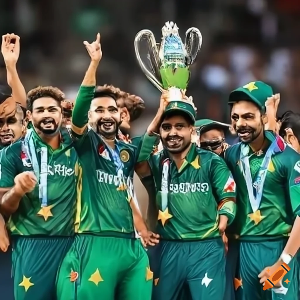 Triumphant pakistani cricket team led by babar azam celebrating victory with t20 world cup ...