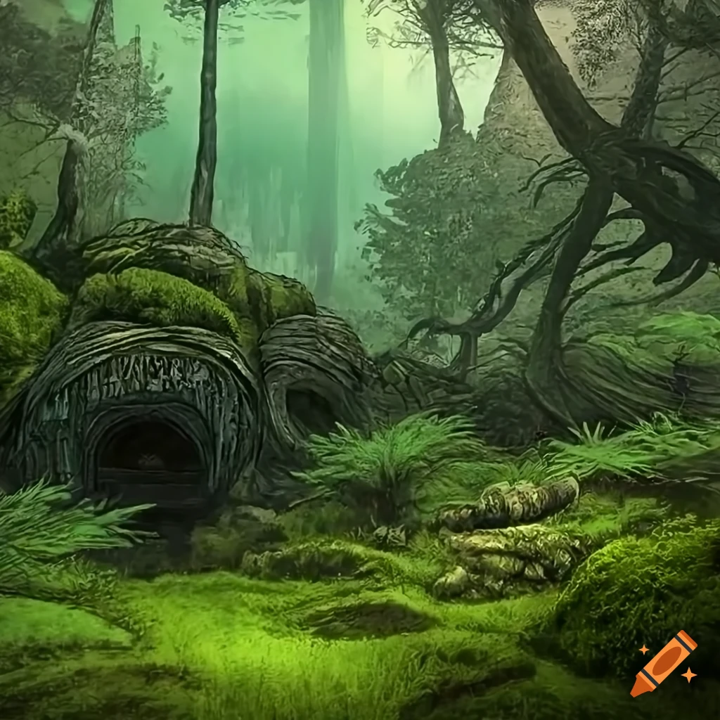 Wide angle panorama of the Garden of Eden with ancient inventions ...