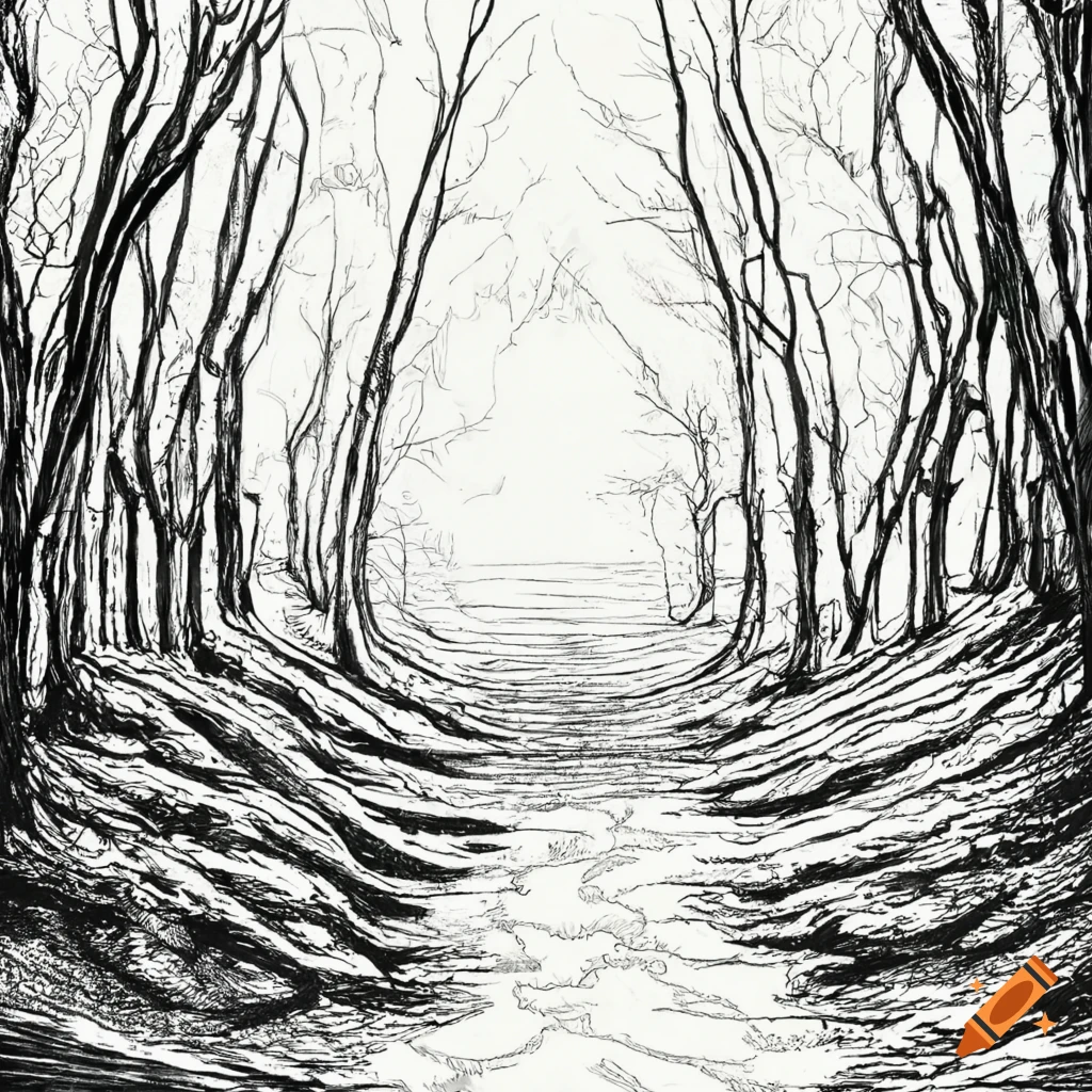 Dense forest path leading to a distant castle in intricate pen and ink ...