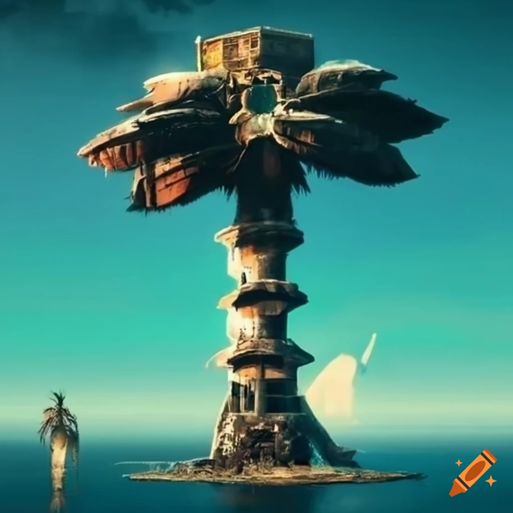 Cyberpunk palm tree-shaped post-apocalyptic tower in a hawaii setting ...