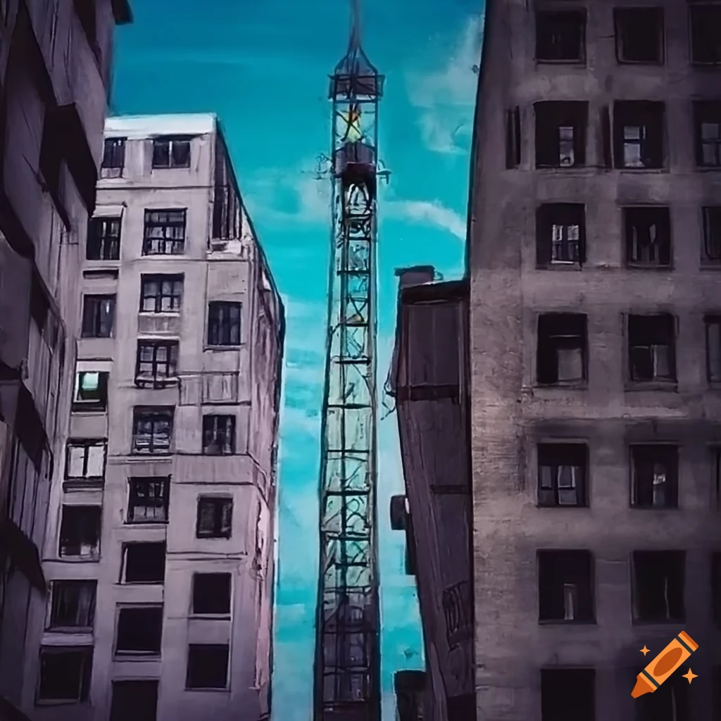 Cityscape with buildings and a crane in acrylic paint with darker ...