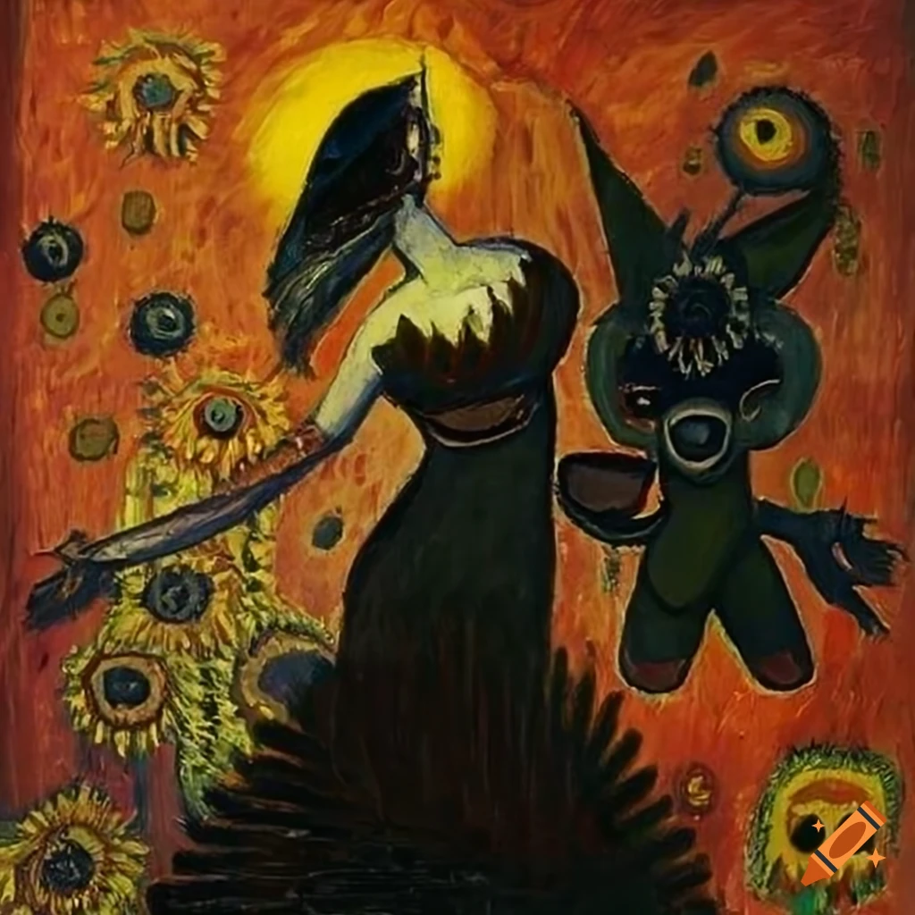 Beautiful witch dancing with moon and aliens among african masks and ...