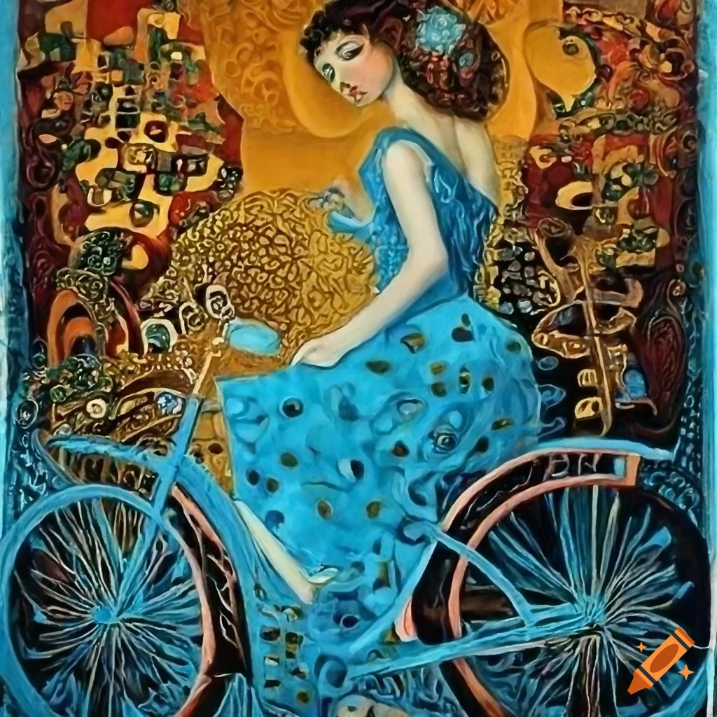 Epic supernatural patchwork art featuring a light blue bicycle in intricate detail on Craiyon