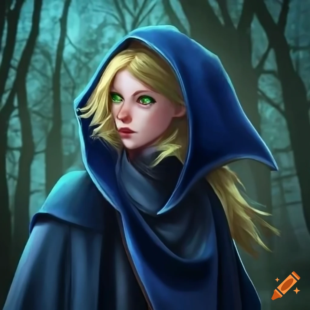 Young shy female mage with blond hair in a dark blue hood exploring the ...