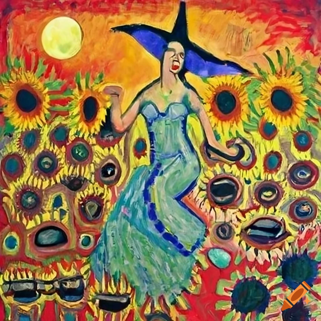 Beautiful witch dancing with moon and aliens among African masks and ...