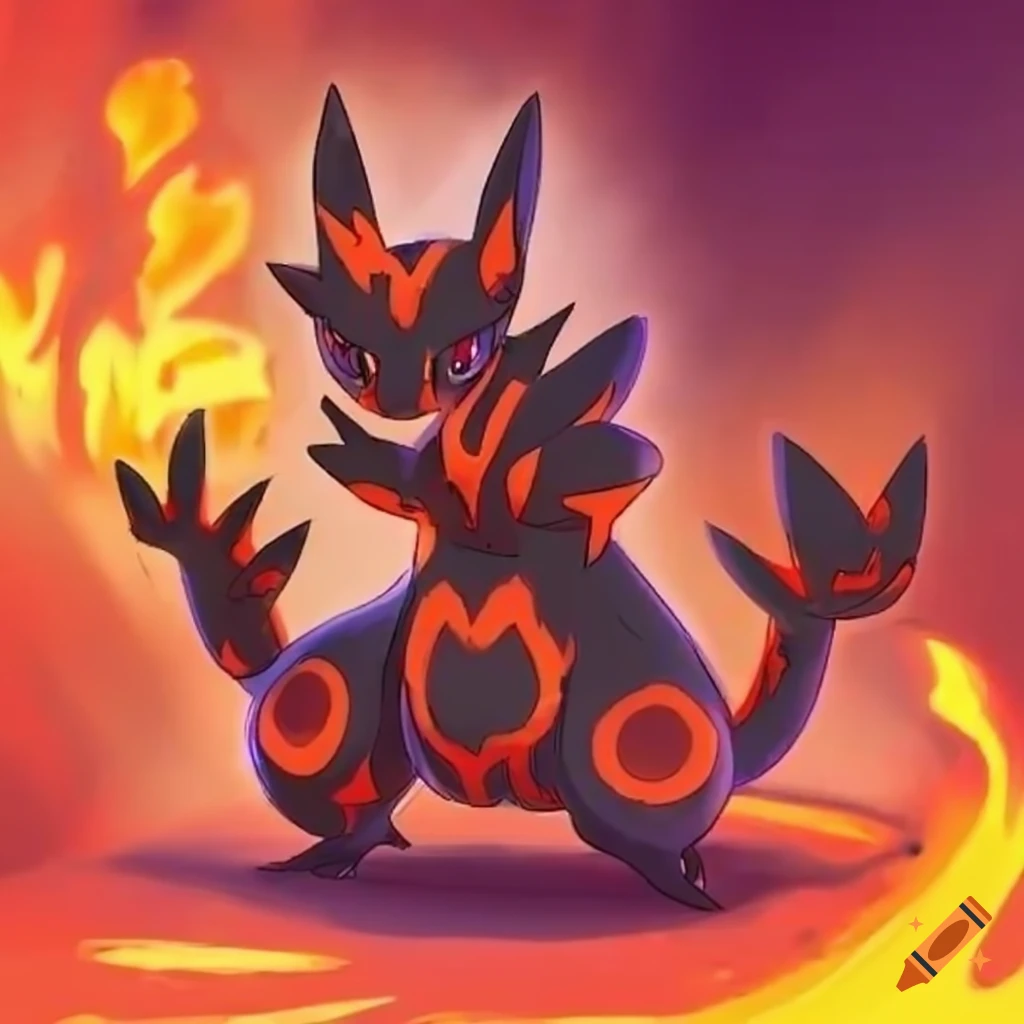 Small pokemon with red scales, fiery tail, and lava eyes on Craiyon