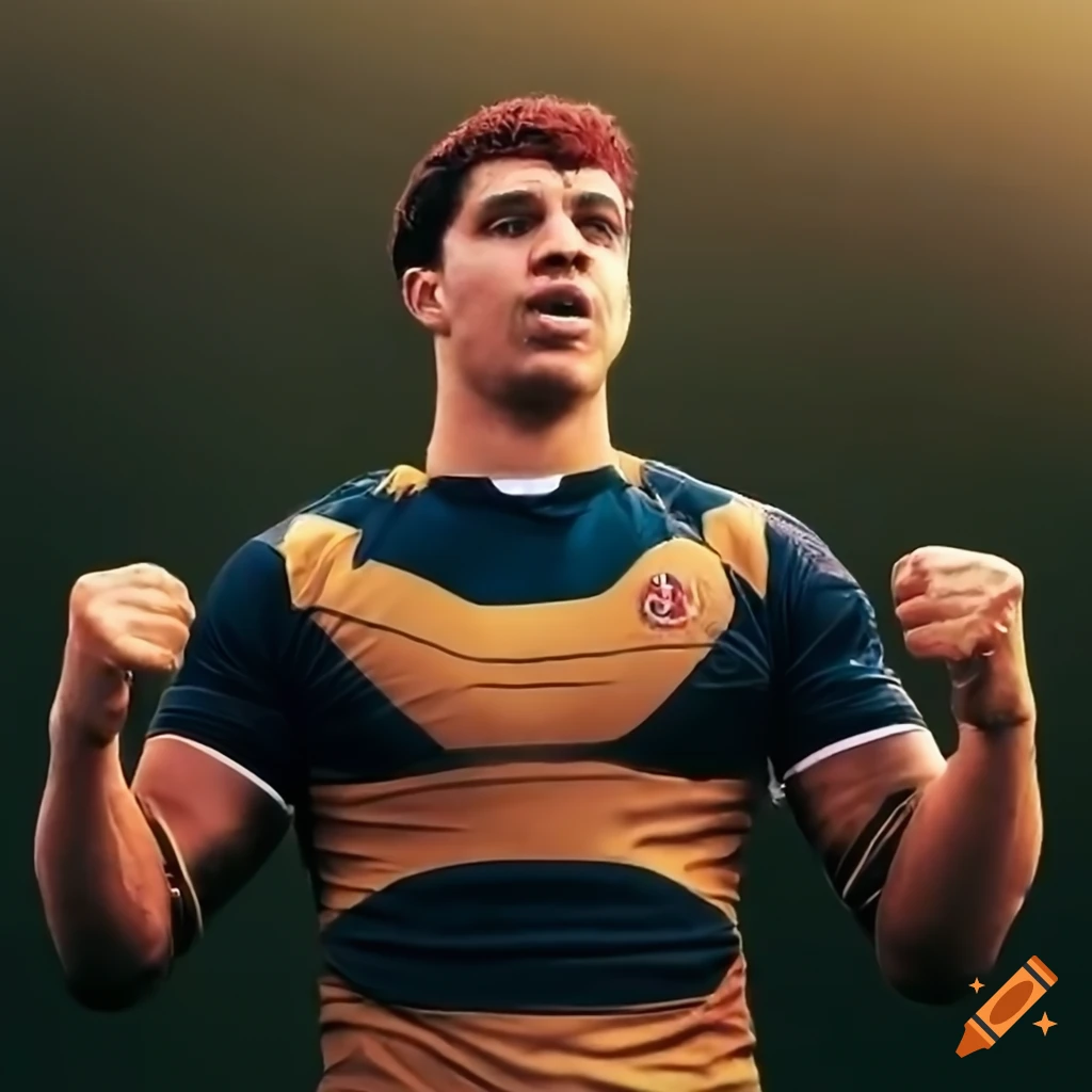 Rugby players celebrating victory on a sunny field on Craiyon