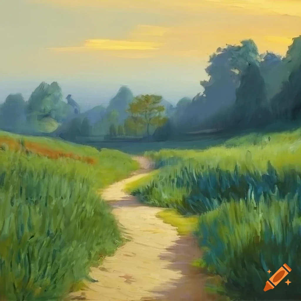 Pathways in fields inspired by studio ghibli in high definition oil ...