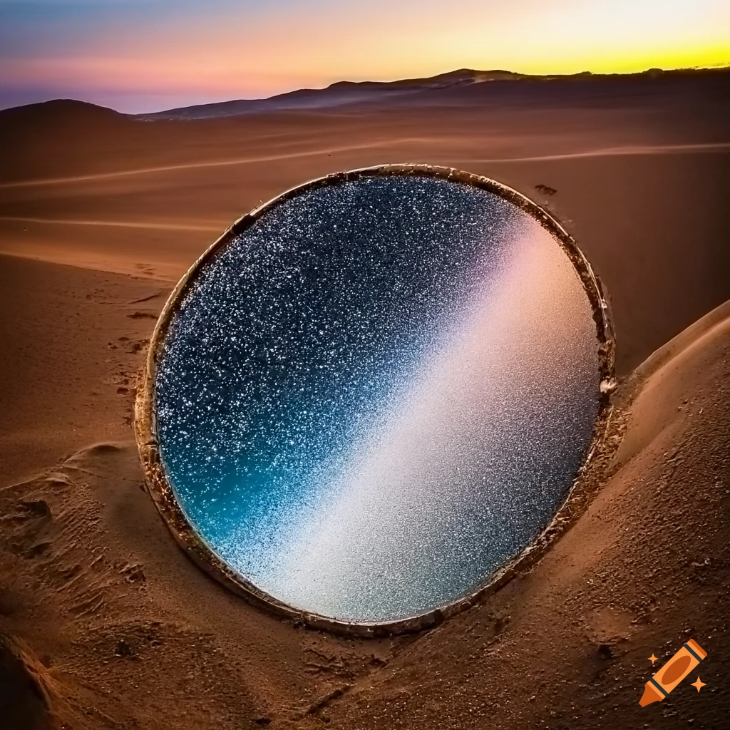 Galactic mirror buried in a post-apocalyptic desert in raw photography ...