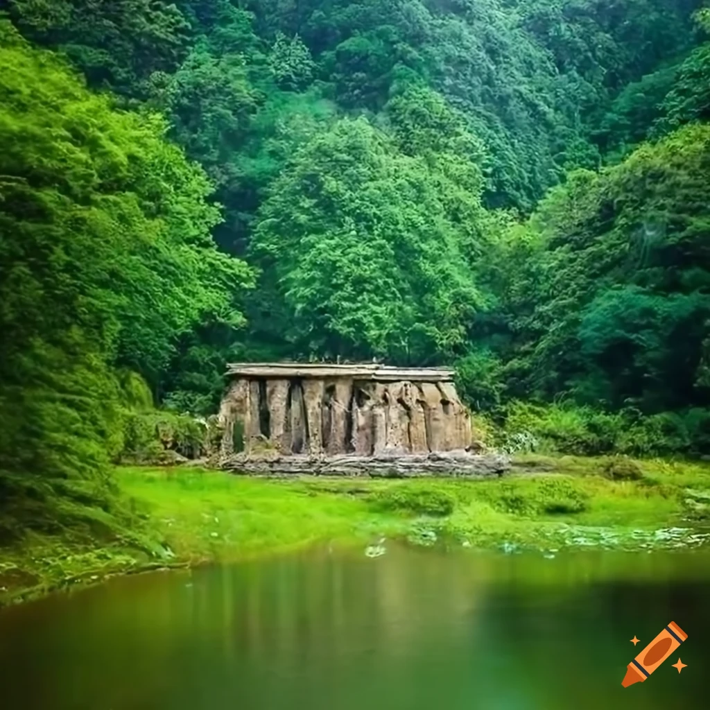 Serene neolithic temple by a clear-flowing river in lush green scenery ...