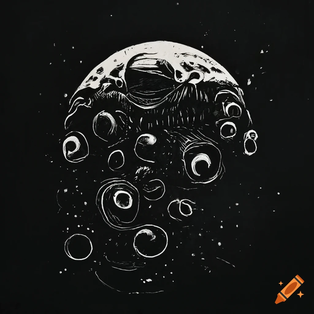 Dream-like entity floating in deep space in linocut style on Craiyon