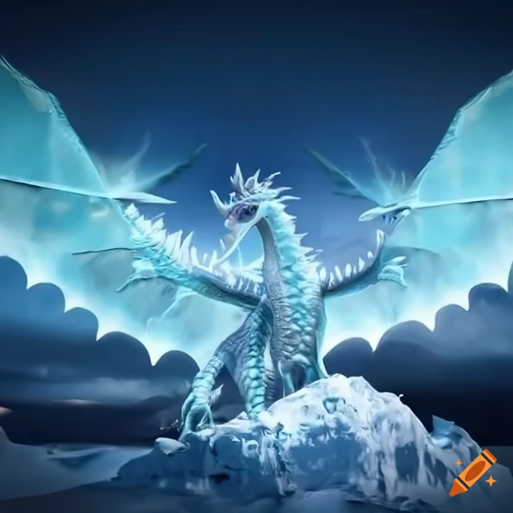 Enormous icy dragon soaring through the sky in a 3D rendering on Craiyon