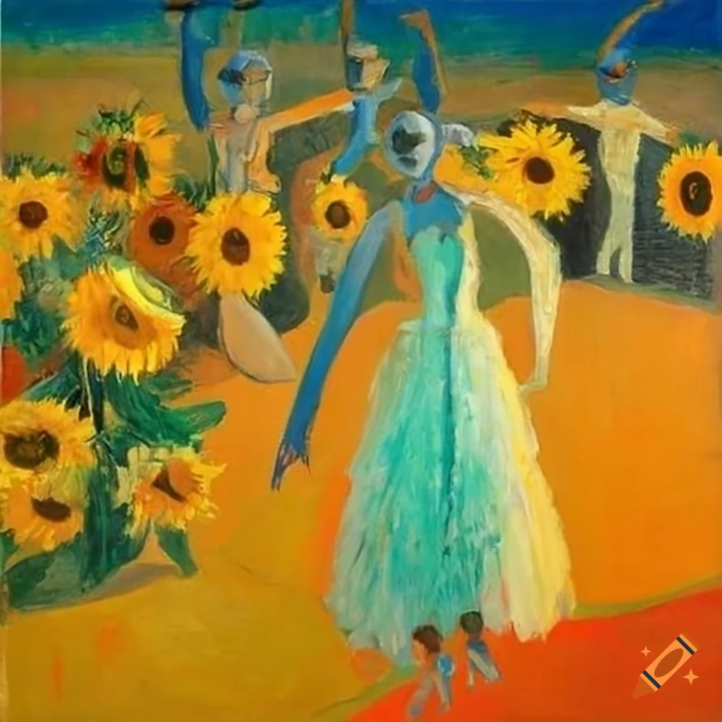 Ballerina dancing among african masks and sunflowers in outsider art ...