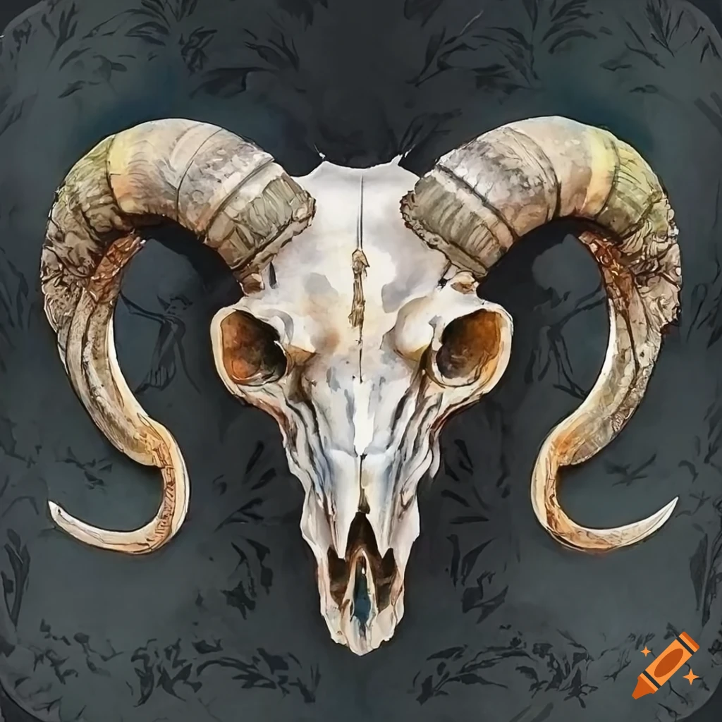 Watercolor ram skull artwork with intricate William Morris and Alphonse ...