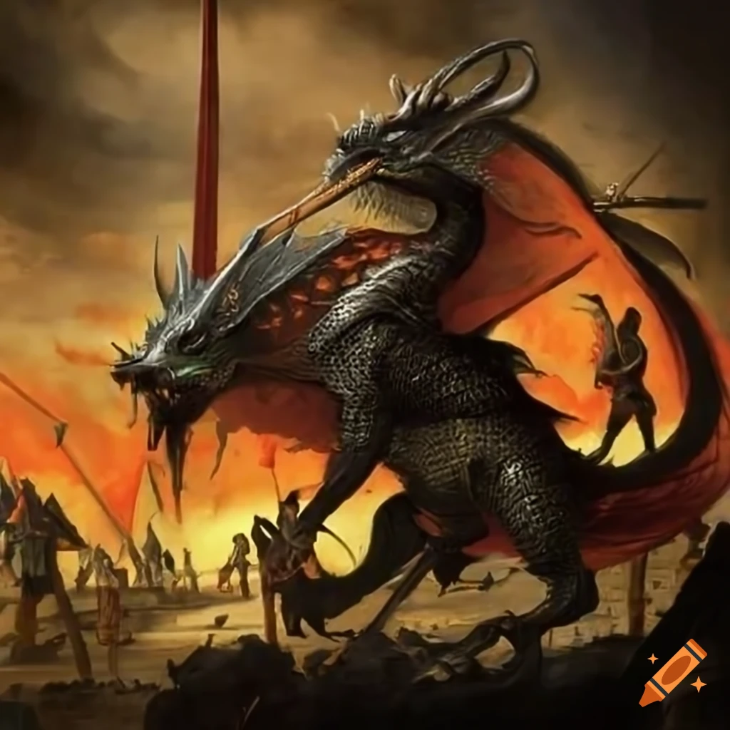 Knights battling a dragon in a medieval painting on Craiyon