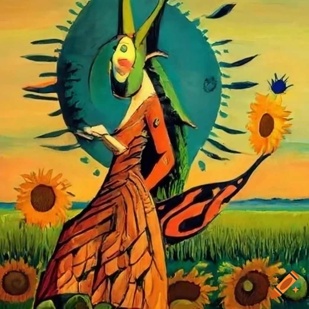Graceful witch dancing with moon, aliens, African masks, and sunflowers ...
