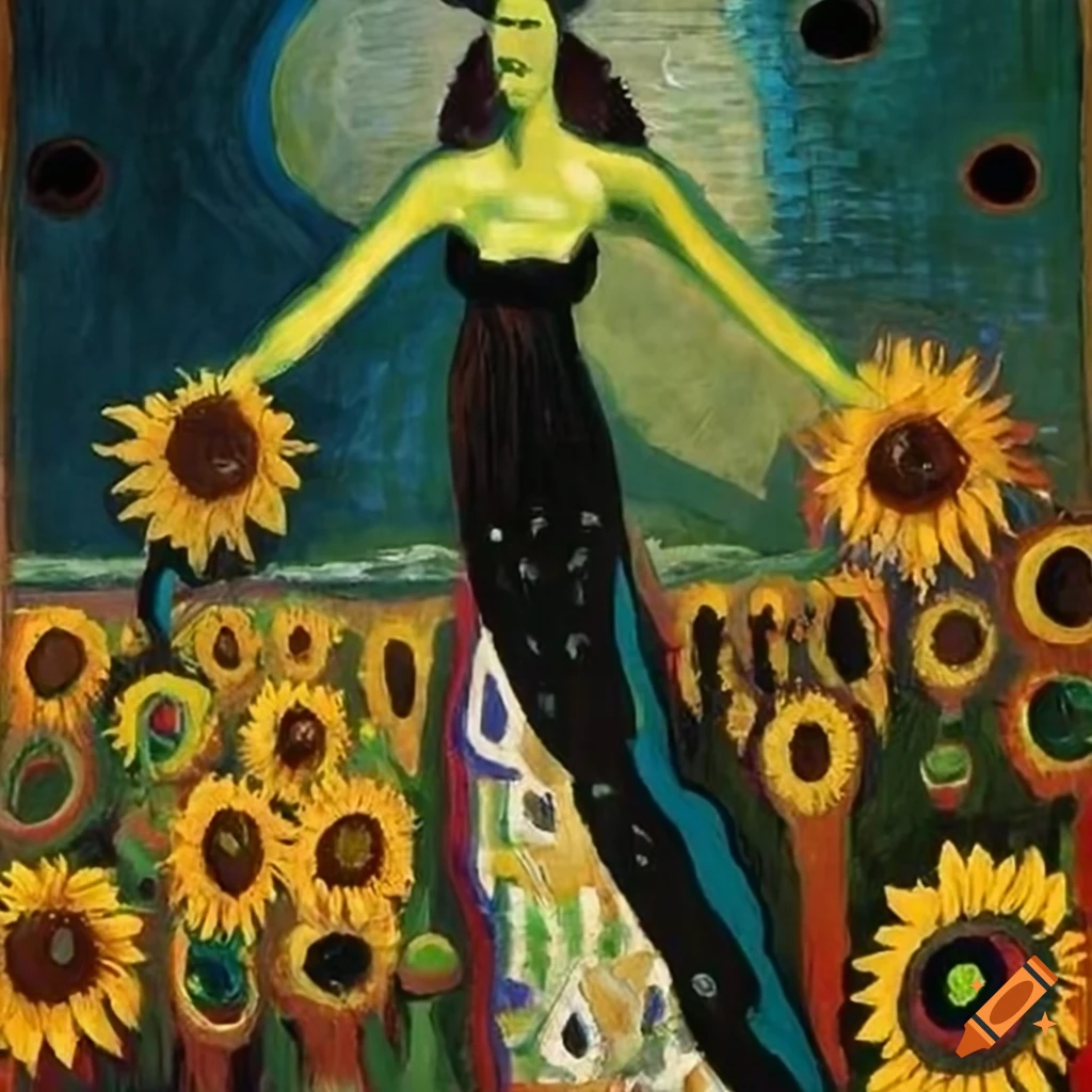 Beautiful witch dancing with moon and aliens in field of african masks ...