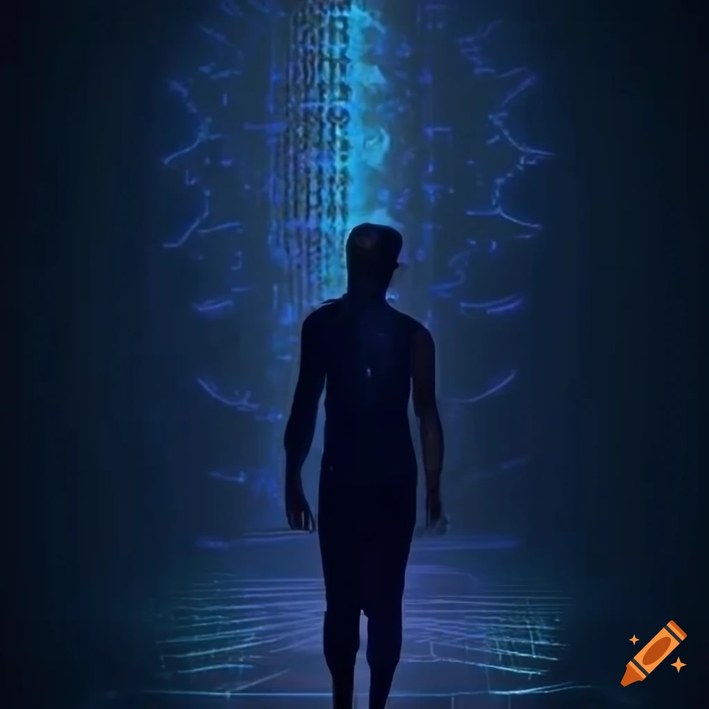 Digital male made of code with a glowing binary heart looking at a distant horizon on Craiyon