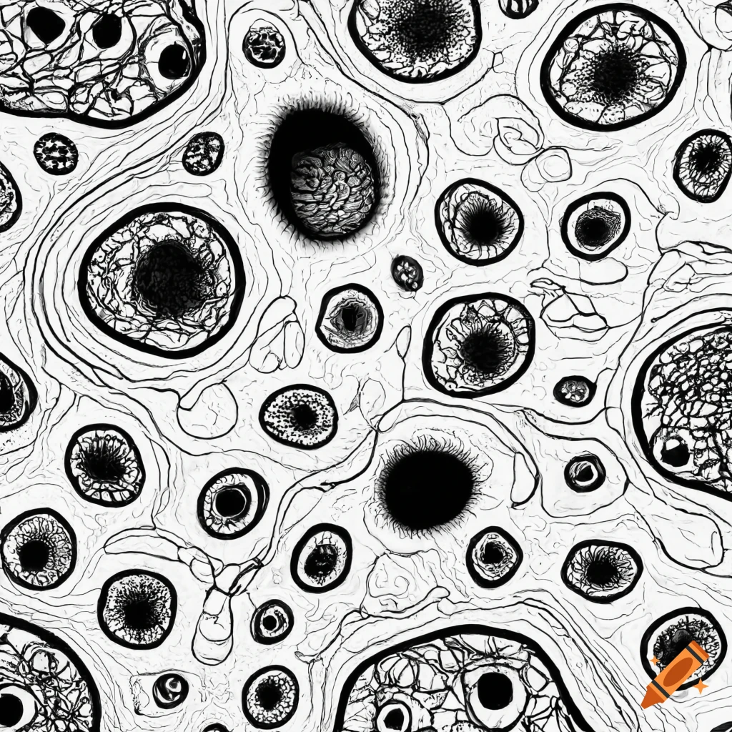 Black and white microscopic plant cell illustration with organelles on ...