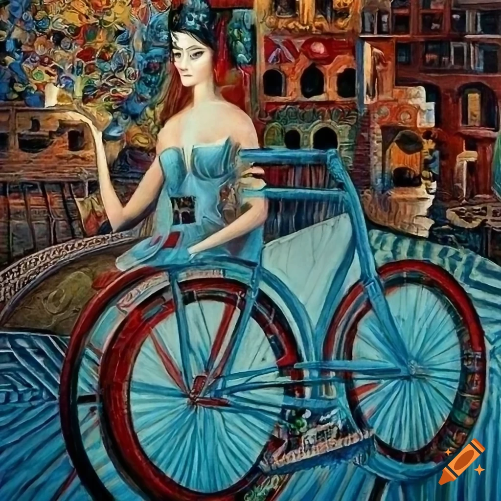 Epic supernatural patchwork art featuring a light blue bicycle in intricate detail on Craiyon