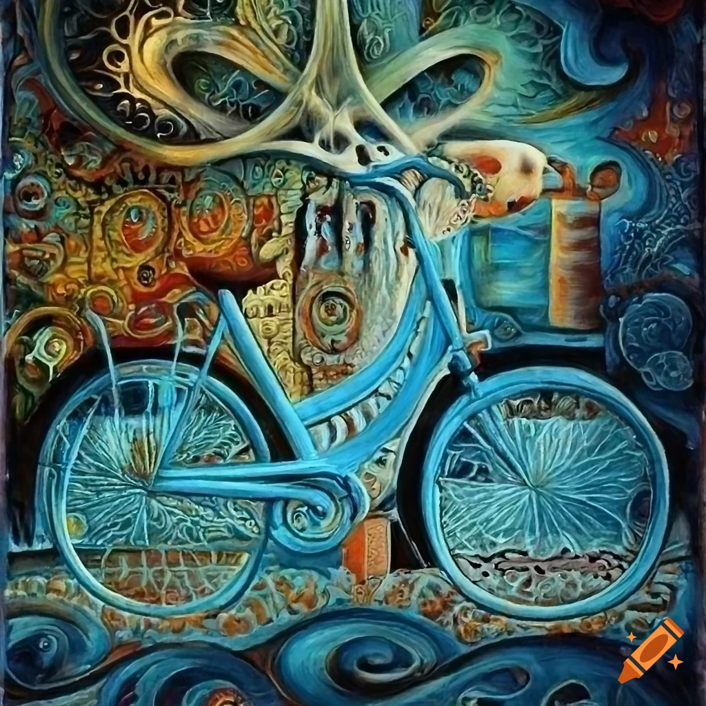 Epic supernatural patchwork art featuring a light blue bicycle in intricate detail on Craiyon