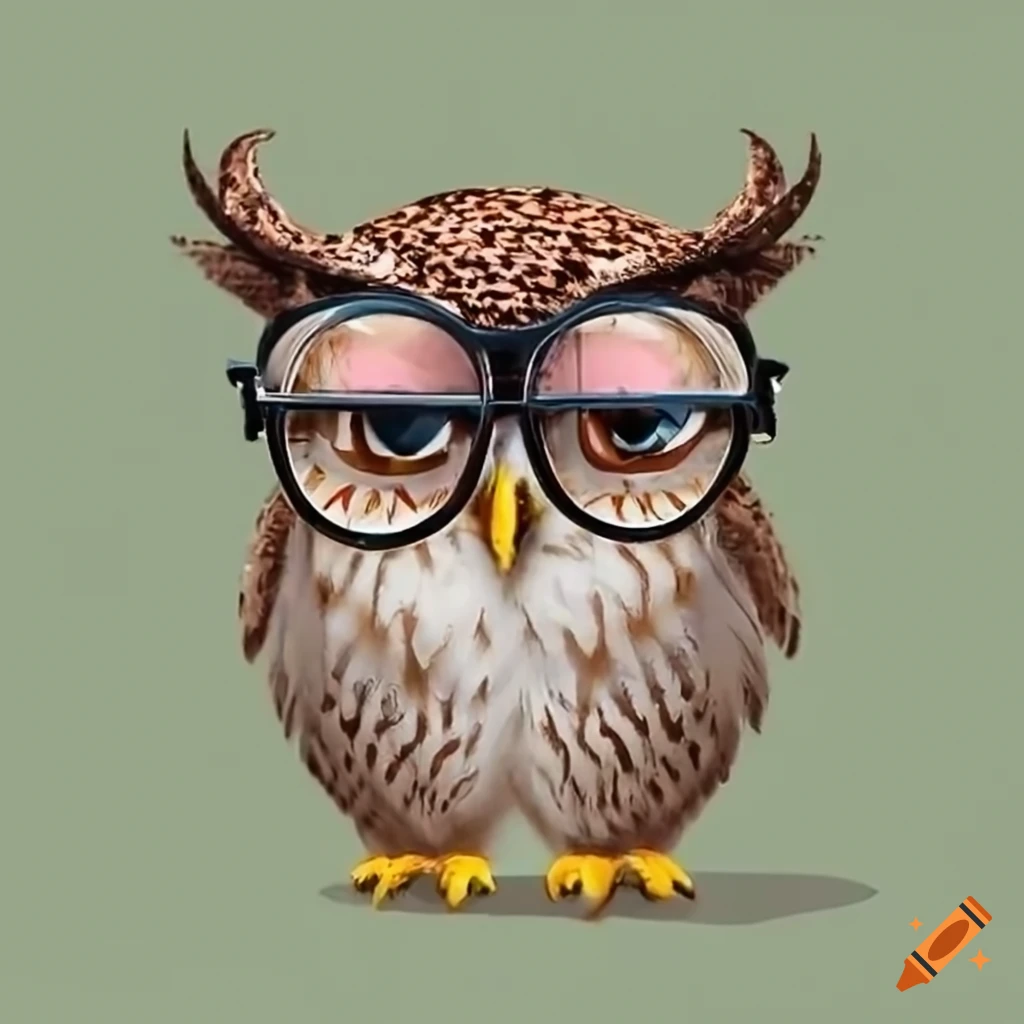 Nerdy owl with buck teeth and freckles adjusting glasses on Craiyon