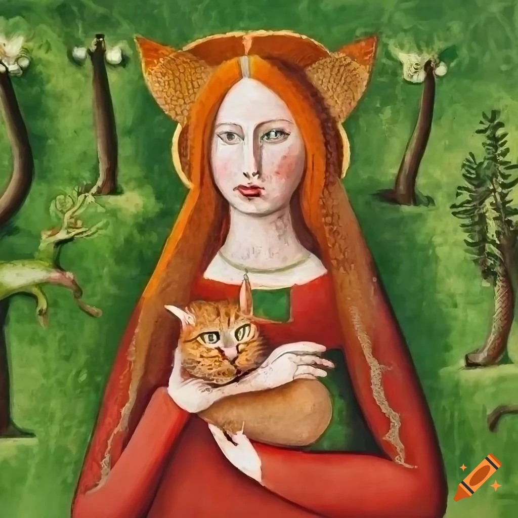 Medieval painting of redhead madonna with a red cat, eating a green ...
