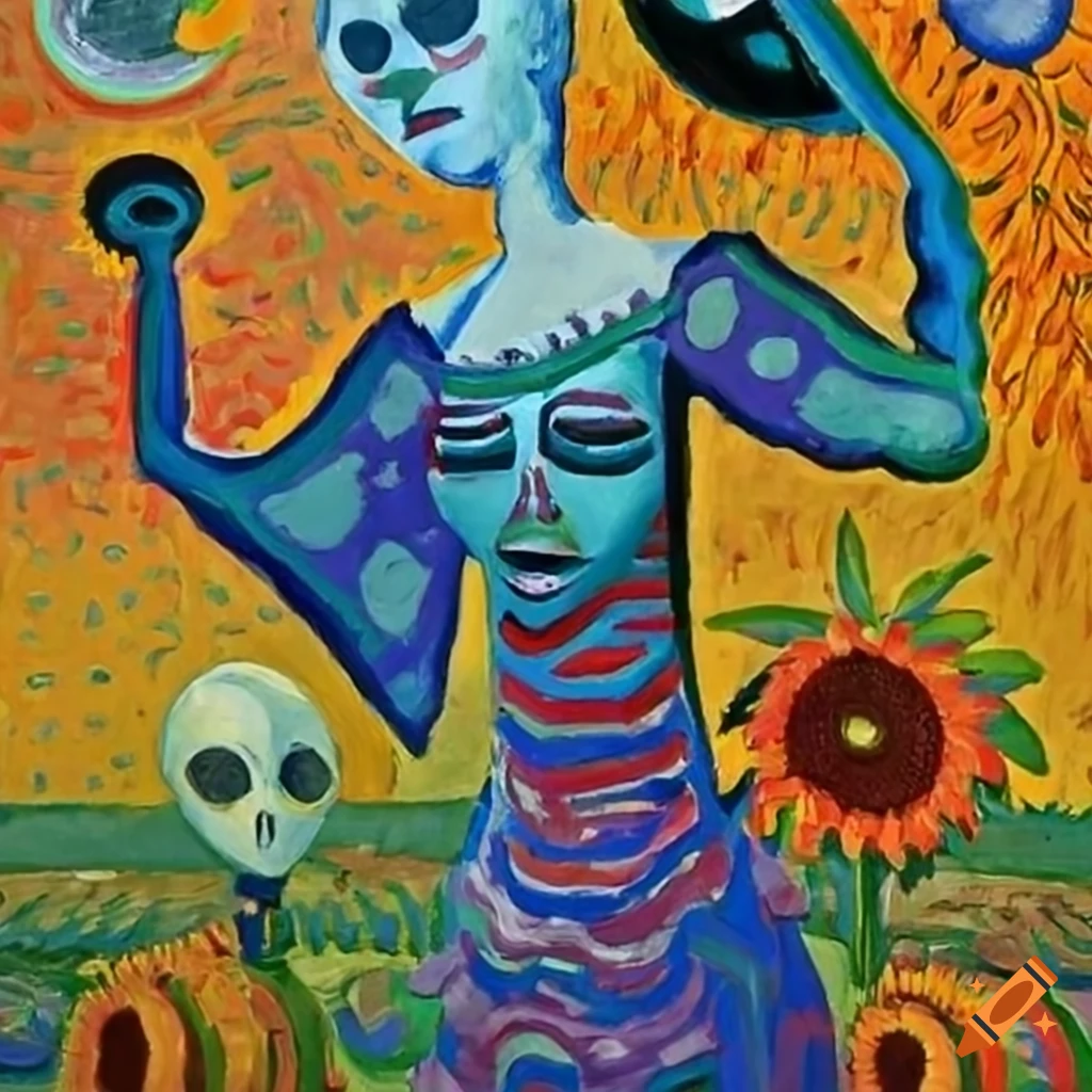 Graceful witch dancing with moon, aliens, african masks, and sunflowers ...