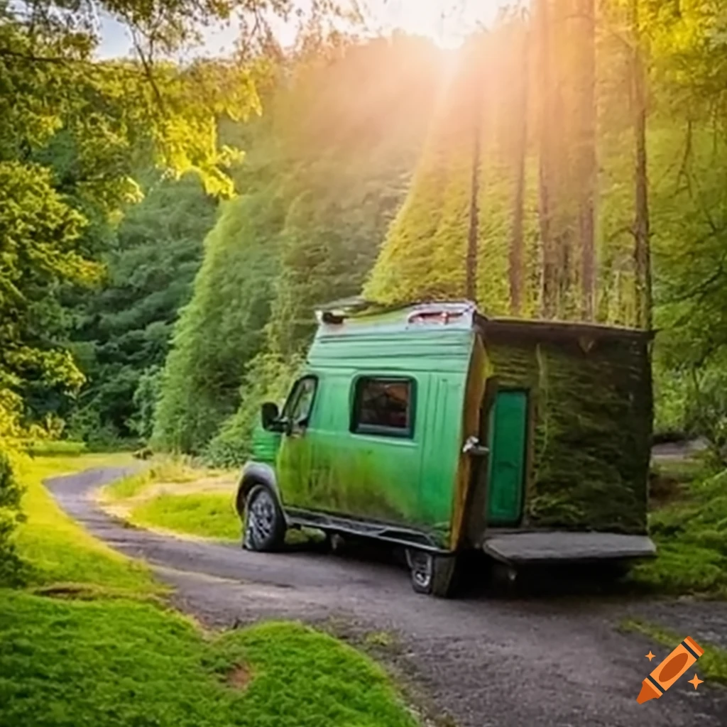 Mossy hobbit camper van by the lake at sunrise with sun reflections on ...