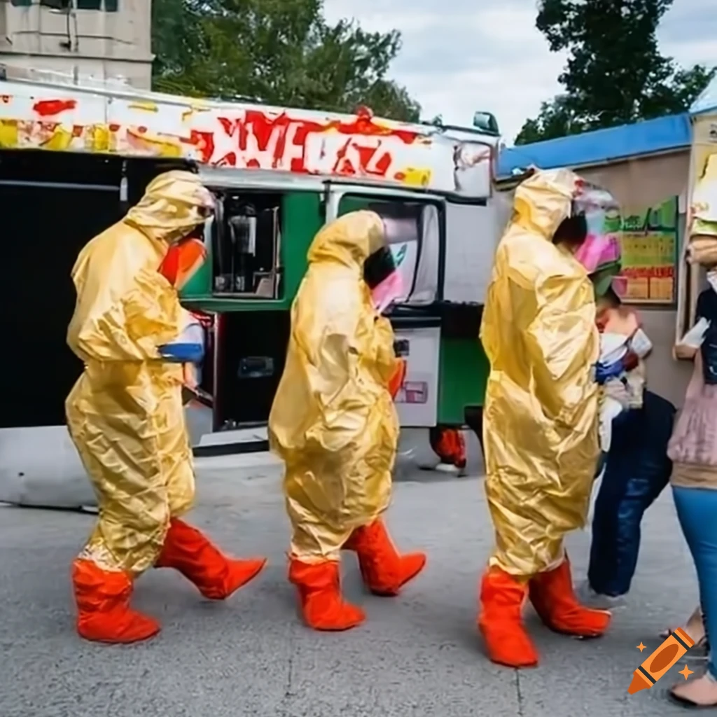 People in biohazard suits queuing for ice cream from a truck on Craiyon