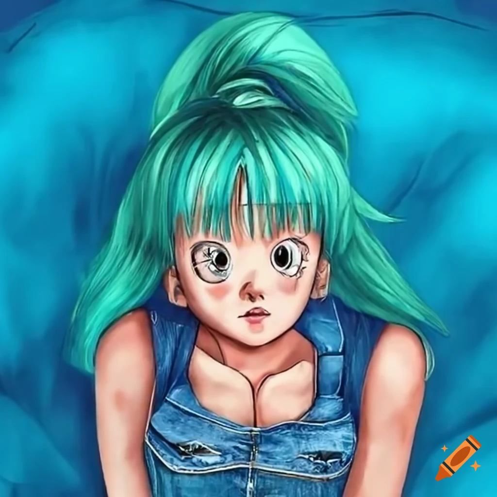 Bulma briefs with turquoise hair laying in bed wearing denim vest and blue jeans on Craiyon