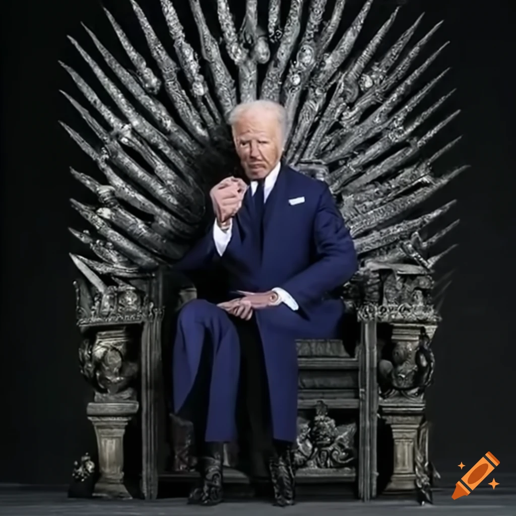 Joe Biden with a crown sitting on the Game of Thrones throne in an evil ...