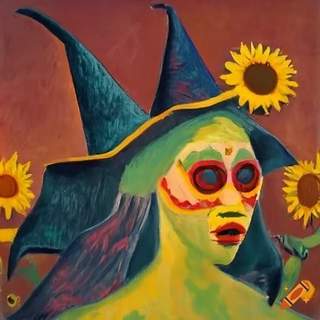 Beautiful witch dancing with moon and aliens among African masks and ...