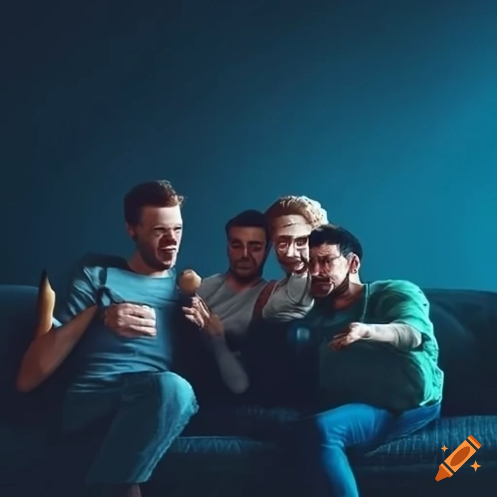 Group of friends relaxing on a couch for a podcast thumbnail on Craiyon