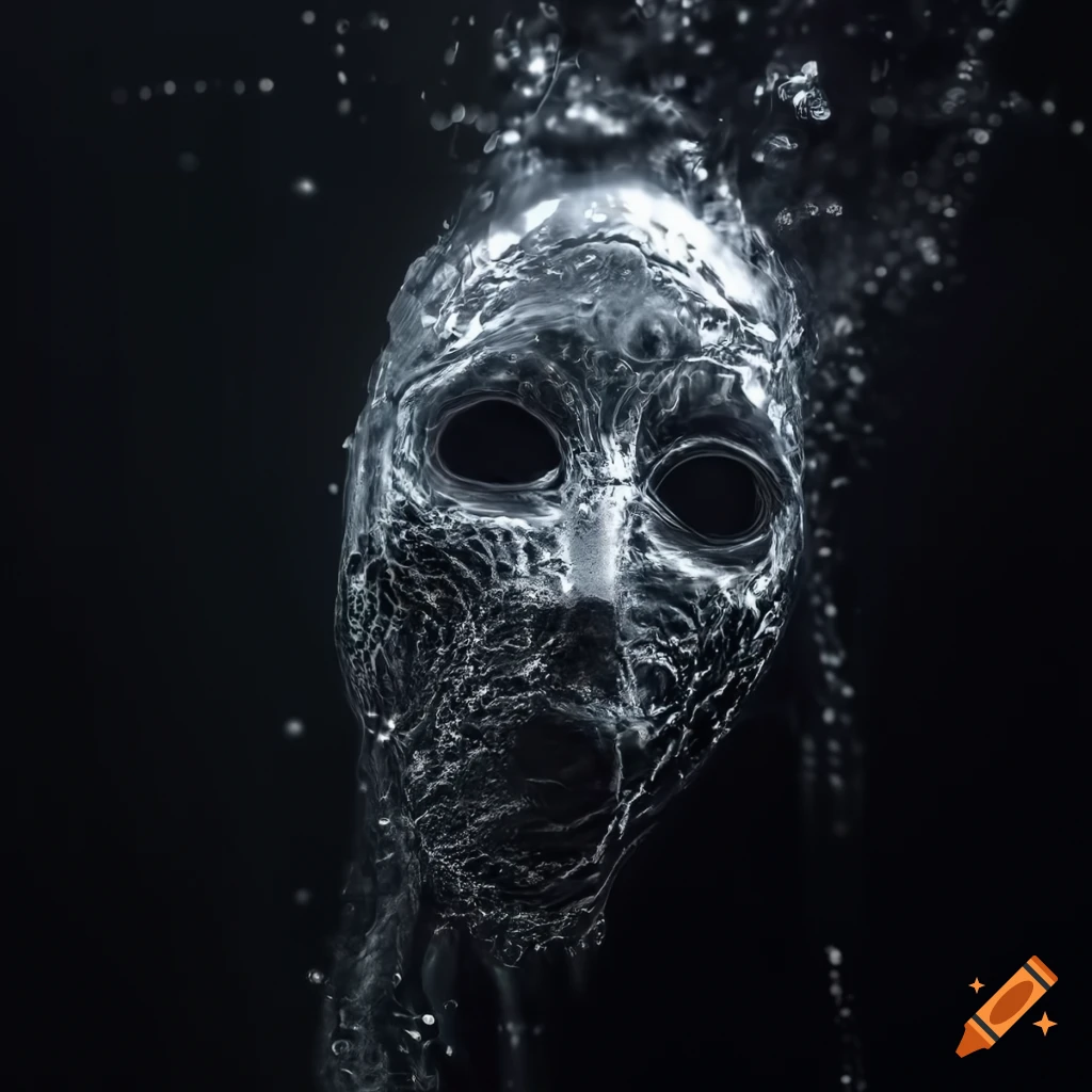Shiny mysterious mask sinking in black water in chiaroscuro lighting on ...